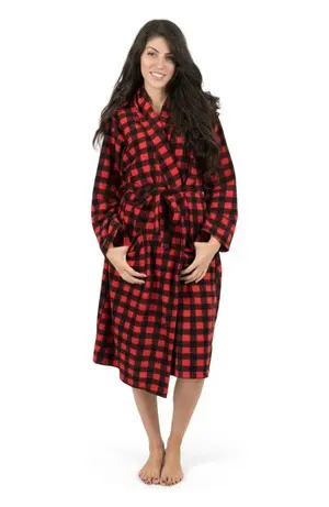 LEVERET Fleece Robe Plaid Black & Red