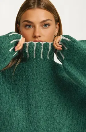 KNIT & LOUNGE Oversized Contrast Trim Knit Sweater - Emerald Green