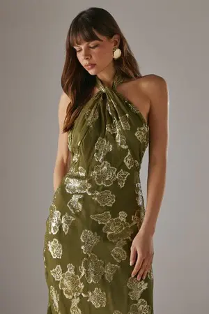 WAREHOUSE Metallic Chiffon Halterneck Midi Dress With Fringe Hem