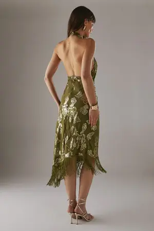 WAREHOUSE Metallic Chiffon Halterneck Midi Dress With Fringe Hem