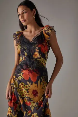 WAREHOUSE Lace Insert Frill Sleeve Midi Dress