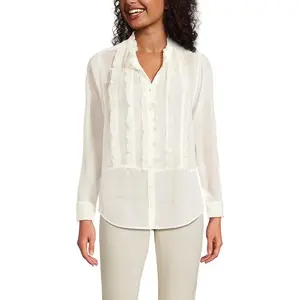 LANDS' END Chiffon Ruffle-front Long Sleeve Top - Ivory