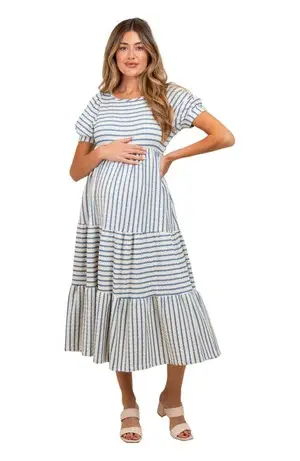 PINKBLUSH Striped Short Sleeve Tiered Maxi Dress - Blue