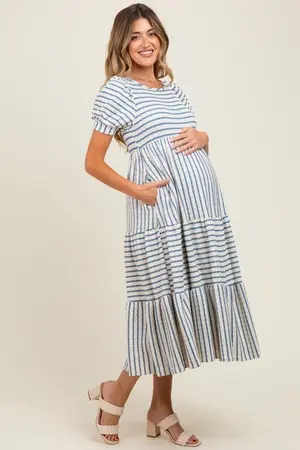 PINKBLUSH Striped Short Sleeve Tiered Maxi Dress - Blue