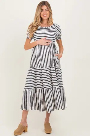 PINKBLUSH Striped Short Sleeve Tiered Maxi Dress Navy Blue