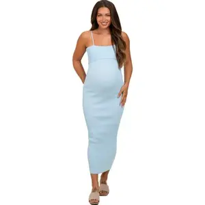PINKBLUSH Rib Knit Off Shoulder Fitted Midi Dress - Light Blue