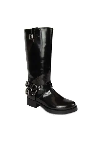 URBNKICKS Tall Distressed Biker Boots - Black