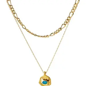 CLASSICHARMS Aria Gemstone Pendant Necklace And Figaro Chain Layering Set - Gold/sky Blue