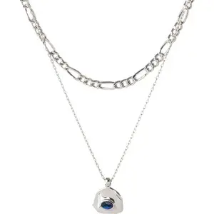 CLASSICHARMS Aria Gemstone Pendant Necklace And Figaro Chain Layering Set - Silver/royal Blue