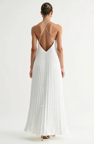 MODENAIRE Backless Pleated Crisscross-strap Maxi Dress