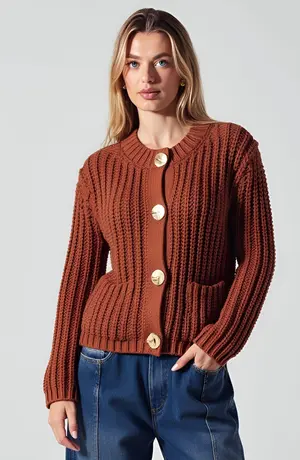 MODENAIRE Chunky Ribbed Cardigan With Gold-tone Buttons - Rust