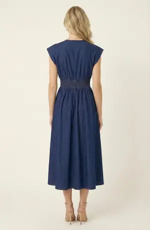 MODENAIRE Zip Front Midi Dress With Cap Sleeves And Smocked Waist - Denim