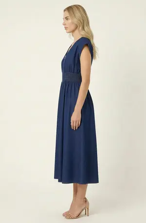 MODENAIRE Zip Front Midi Dress With Cap Sleeves And Smocked Waist - Denim