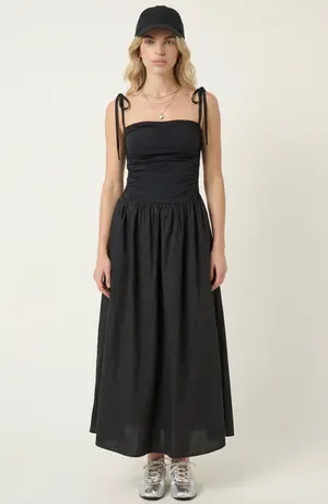 MODENAIRE Ruched Bodice Tie Strap Midi Dress - Black