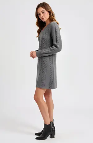 MODENAIRE Cable Knit V-neck Sweater Dress