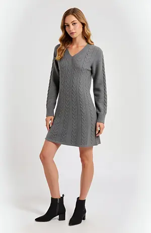 MODENAIRE Cable Knit V-neck Sweater Dress