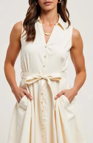 MODENAIRE Sleeveless Shirt-collar Fit-and-flare Dress With Tie-waist - Ivory