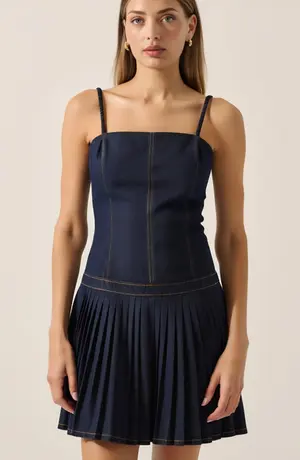 MODENAIRE Spaghetti Strap Pleated Denim Mini Dress