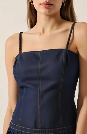 MODENAIRE Spaghetti Strap Pleated Denim Mini Dress