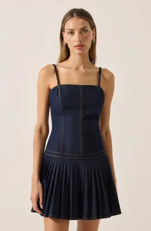 MODENAIRE Spaghetti Strap Pleated Denim Mini Dress