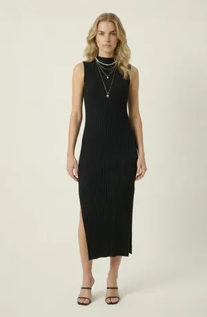 MODENAIRE Sleeveless Ribbed Knit Midi Dress With Slit - Black