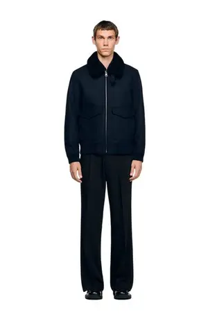 Sandro Wool Aviator Jacket With Shearling Collar - Navy Blue