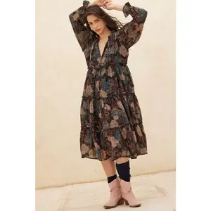 PINKBLUSH Floral Chiffon Ruffle Tiered Midi Dress - Black