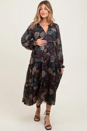 PINKBLUSH Floral Chiffon Ruffle Tiered Midi Dress - Black
