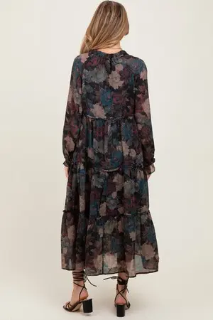 PINKBLUSH Floral Chiffon Ruffle Tiered Midi Dress - Black