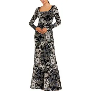 Mac Duggal Embroidered Velvet Long Sleeve Gown - Black Multi