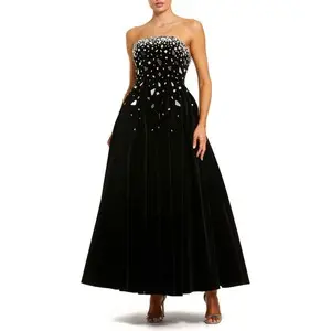 Mac Duggal Strapless Embellished Velvet Midi Dress - Black
