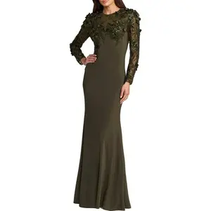 Mac Duggal Jersey Long Sleeve Gown With Floral Beading - Olive