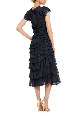 Mac Duggal High Neck Ruffle Mesh Midi Dress - Navy