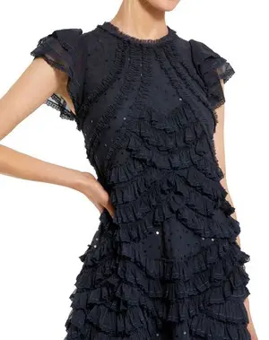 Mac Duggal High Neck Ruffle Mesh Midi Dress - Navy