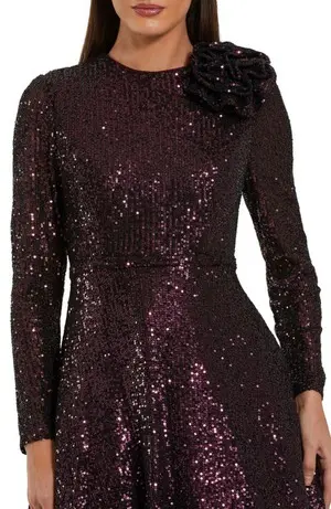 Mac Duggal Sequin Ballgown With 3d Floral Applique And Long Sleeves - Amethyst