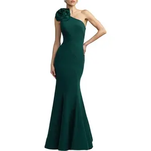 Mac Duggal Crepe One-shoulder Mermaid Gown With 3d Floral Appliqu - Emerald