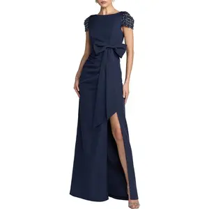 Mac Duggal Beaded Cap Sleeve Crepe Gown With Bow And Slit - Midnight