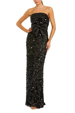Mac Duggal Strapless Sequin Column Gown With Bow - Black