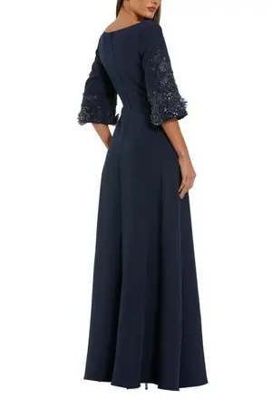 Mac Duggal Floral Embellished Sleeve Crepe Gown - Midnight