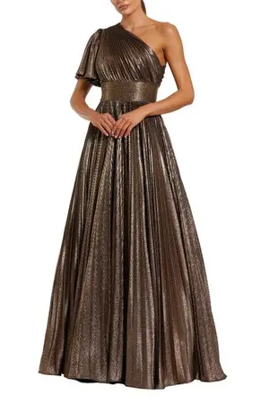 Mac Duggal One-shoulder Pleated Metallic Ballgown - Bronze