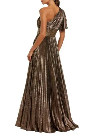 Mac Duggal One-shoulder Pleated Metallic Ballgown - Bronze