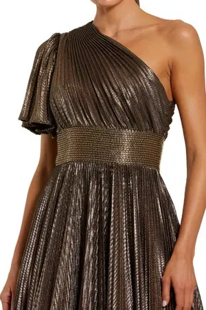 Mac Duggal One-shoulder Pleated Metallic Ballgown - Bronze