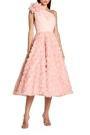 Mac Duggal Lace One-shoulder A-line Midi Dress - Blush