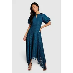 Coast Lace Hanky Hem Puff Sleeve Dress - Teal