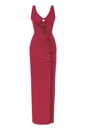 JENDUE Elegant Cut-out Maxi Gown - Cherry