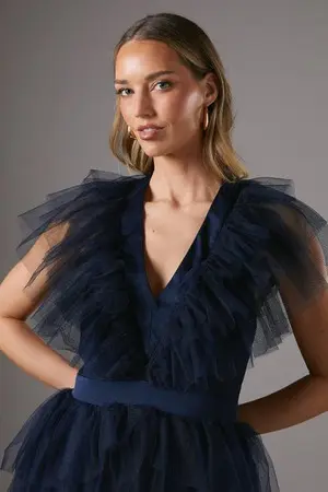 Coast Mesh V-neck Halter Tiered Maxi Dress