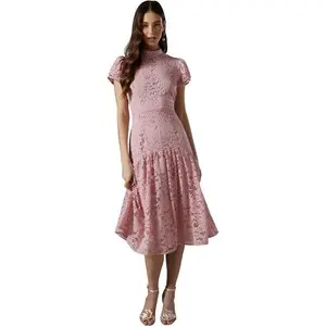 Coast Lace Frill Sleeve High Neck Midi Dress - Blush