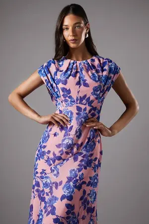 Coast Cap Sleeve Floral Chiffon Midi Dress - Nude