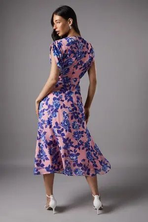 Coast Cap Sleeve Floral Chiffon Midi Dress - Nude