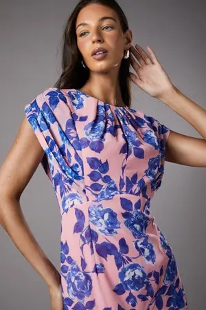Coast Cap Sleeve Floral Chiffon Midi Dress - Nude